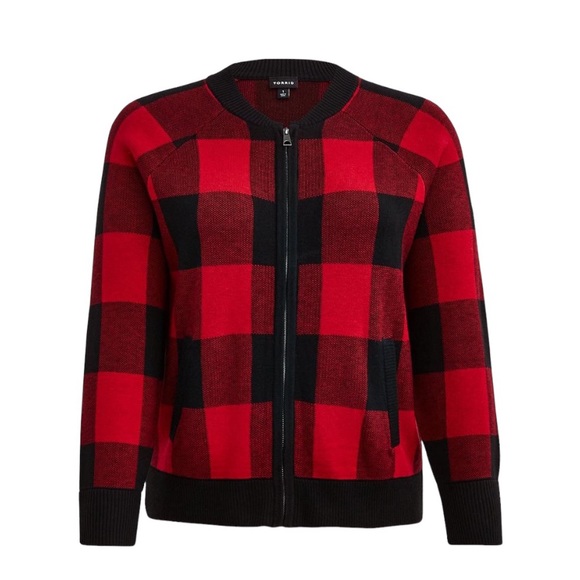 torrid | Sweaters | Torrid Red Buffalo Plaid Cardigan Zip Up Bomber ...